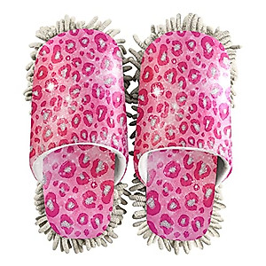 Kigai Microfiber Cleaning Slippers Bright Pink Laopard Washable Mop Shoes Slipper for Men/Women House Floor Dust Cleaner, Size M