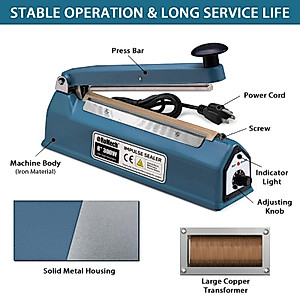 ROMECH 8 Inch Impulse Bag Sealer, Solid Metal Housing Heavy Duty Manual Heat Sealer Machine with Spare Parts for Sealing Plastic Bags & Shrink Wrap Bags (300W)