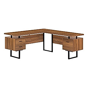 Monarch Specialties 7610 Computer Desk, Home Office, Corner, Left, Right Set-up, Storage Drawers, 70" L, L Shape, Work, Laptop, Metal, Laminate, Walnut, Black Desk-70 R Face, 71" L x 71" W x 30" H