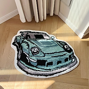 Enthusiast Green Sports Car Shaped Flocking Rug Irregular Geometric Carpet Bed Side Anti Slip Floor Pad Doormat Aesthetic Home (31.5 X24 Inch)