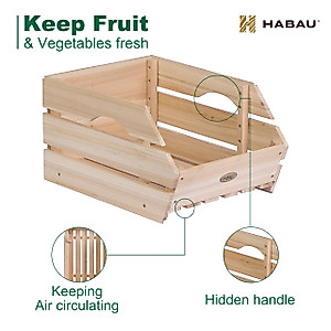 HABAU Wood Potato Onion Storage Bins - Wooden Stackable Produce Basket - Fruit Vegetable Storage for Kitchen Pantry Organization, Set 3 Pieces