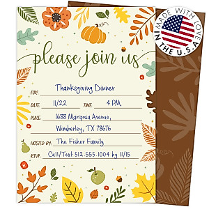 Koko Paper Co Fall Invitations in Autumn Colors with Pumpkin, Fruits and Florals. 25 Fill In Style Cards and Envelopes for Thanksgiving, Harvest Party, Birthday, Engagement, Bridal and Baby Shower, or
