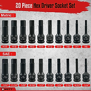 WETT 1/2" Drive Master Impact Hex Bit Set, 20 Piece Hex Driver Socket Set, Allen Bit Socket Set, Cr-Mo Steel, SAE & Metric, (1/4" - 3/4", 6-19mm)
