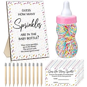 Qilery 122 Pcs Baby Shower Games Guess How Many Sprinkles Included Standing Sign 100 Guessing Cards 20 Pencils 1 Baby Bottle for Baby Shower Gender Reveal Party Favor No Sprinkles(Pink)