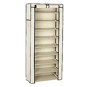 SONGMICS 10-Tier Shoe Tower Rack with Cover 27-Pair Space Saving Shoe Storage Organizer Beige URXJ10M