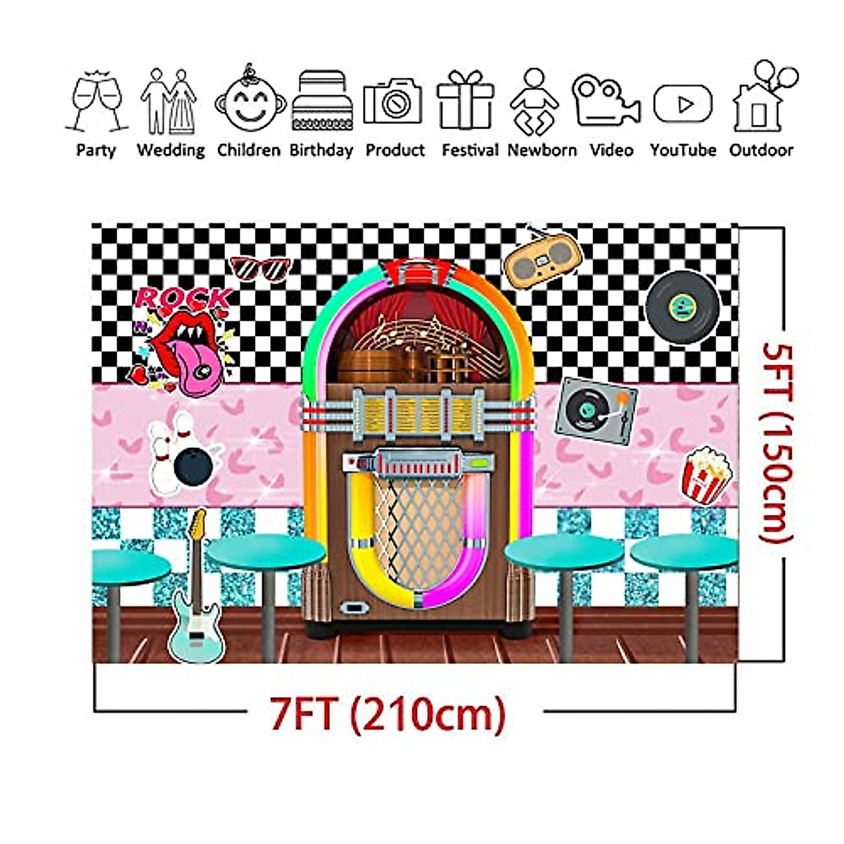 XLL Rock Roll Party Back to 50's Sock Hop Photography Background Back to 1950s Soda Shop Photo Backdrops 50s Retro Diner Time Rock Roll Classic Party Decoration Banner 7x5ft