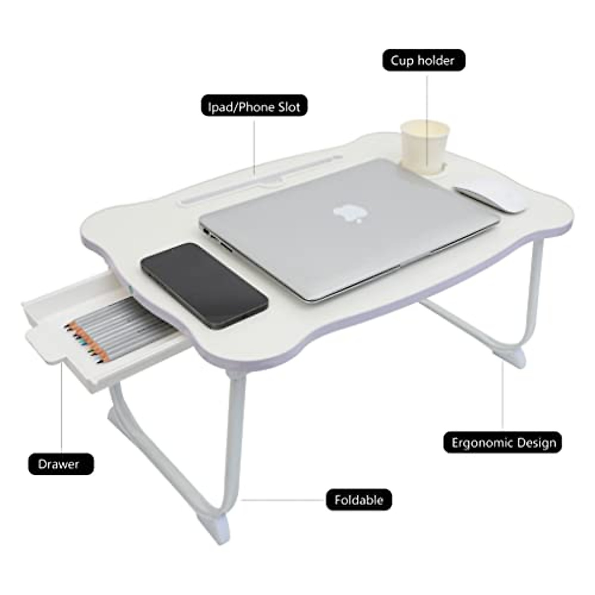 Foldable Laptop Bed Table Lap Desk Stand, Serving Tray Dining Table with Slot, with Foldable Legs & Cup Slot，Notebook Stand Holder, Working, Watching Movie on Bed/Couch/Sofa/Floor (White)