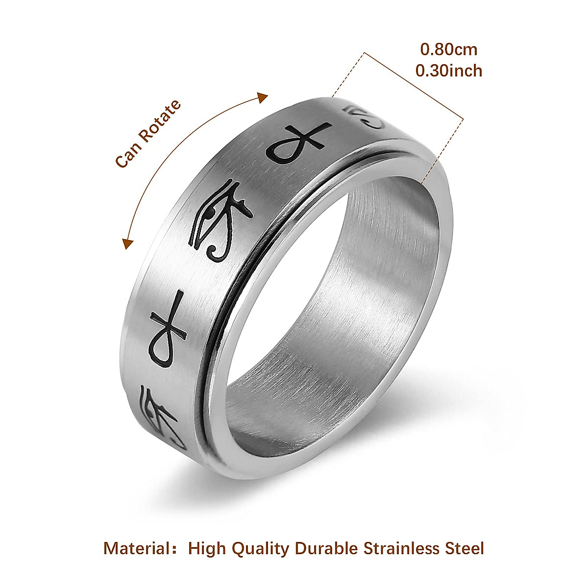 HZMAN Man Women Egypt Eye of Horus Ankh Cross Rotating Fine Tuning Stainless Steel Ring (Silver,9)