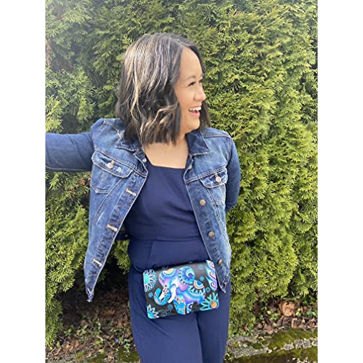 Anna by Anuschka Hand Painted Women’s Genuine Leather 3 in 1 Convertible Crossbody / Clutch / Belt bag - Blue Elephant