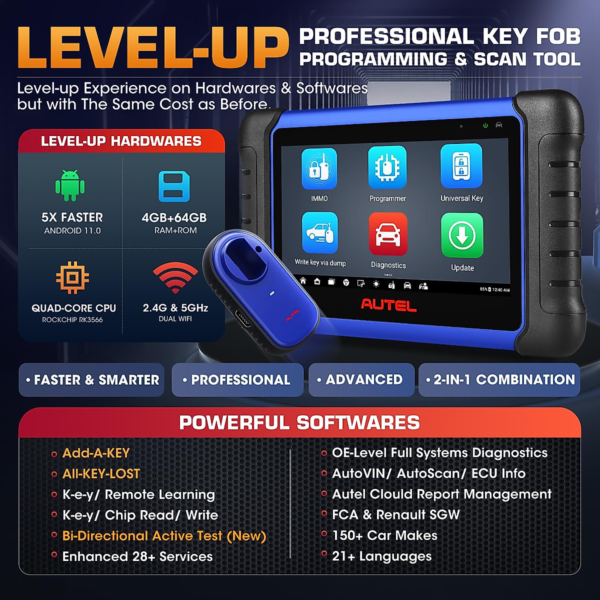 Autel MaxiIM IM508S: 2024 Pro Key Fob Programming Tool w/ XP200 Programmer, IM508 KM100 Upgrade, OS11 4+64G 2.4&5G WiFi, 3000+ Active Test OE Full Diagnosis, 40+ Resets As MK900 MX900, FCA SGW