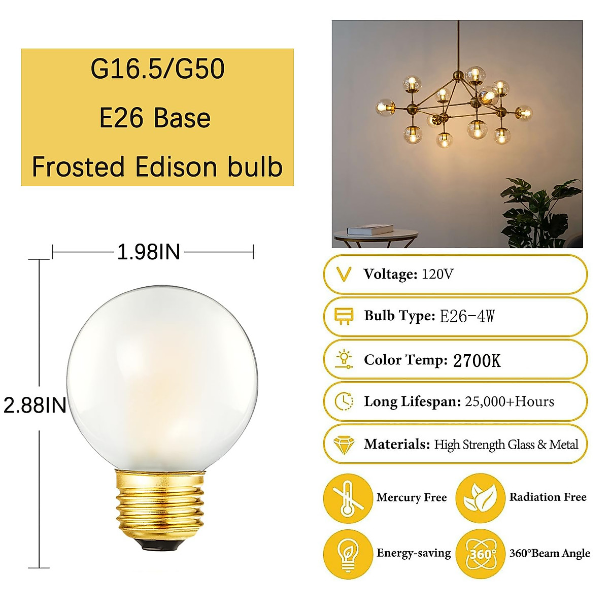 HOMOSUM Dimmable 40W g16.5 Frosted Edison Bulb - 2700K 4W e26 Globe Bulb for Ceiling Fans, Chandeliers, Vanity Lights -400lm,AC120V,G50, 6Pack (4W-2700K)