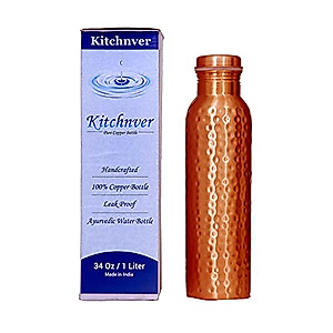 Kitchnver 100percentage Handcrafted Floral Engrave Pure Copper Water Bottle 34 Oz 1 Liter Extra Large Leak Proof Vessel Pot Etched
