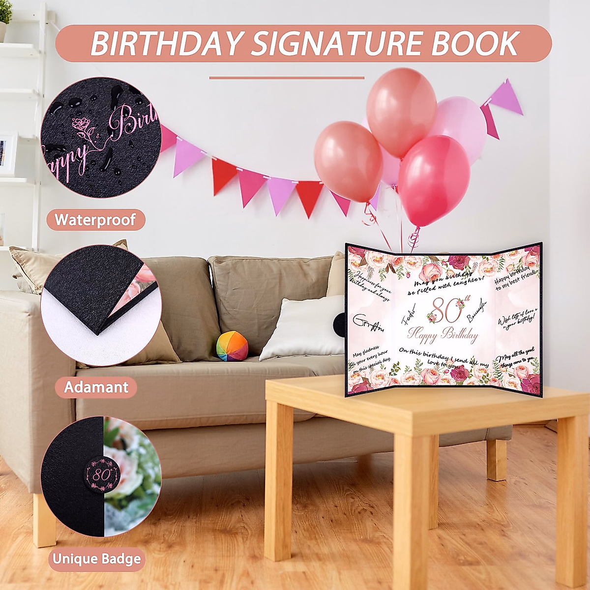 Vlipoeasn 80th Birthday Guest Book Alternative, Black and Pink 80th Birthday Party Decorations for Women, Creative Diamond 80th Birthday Signature Book, Cheers to 80 Year Old Birthday Party Supplies