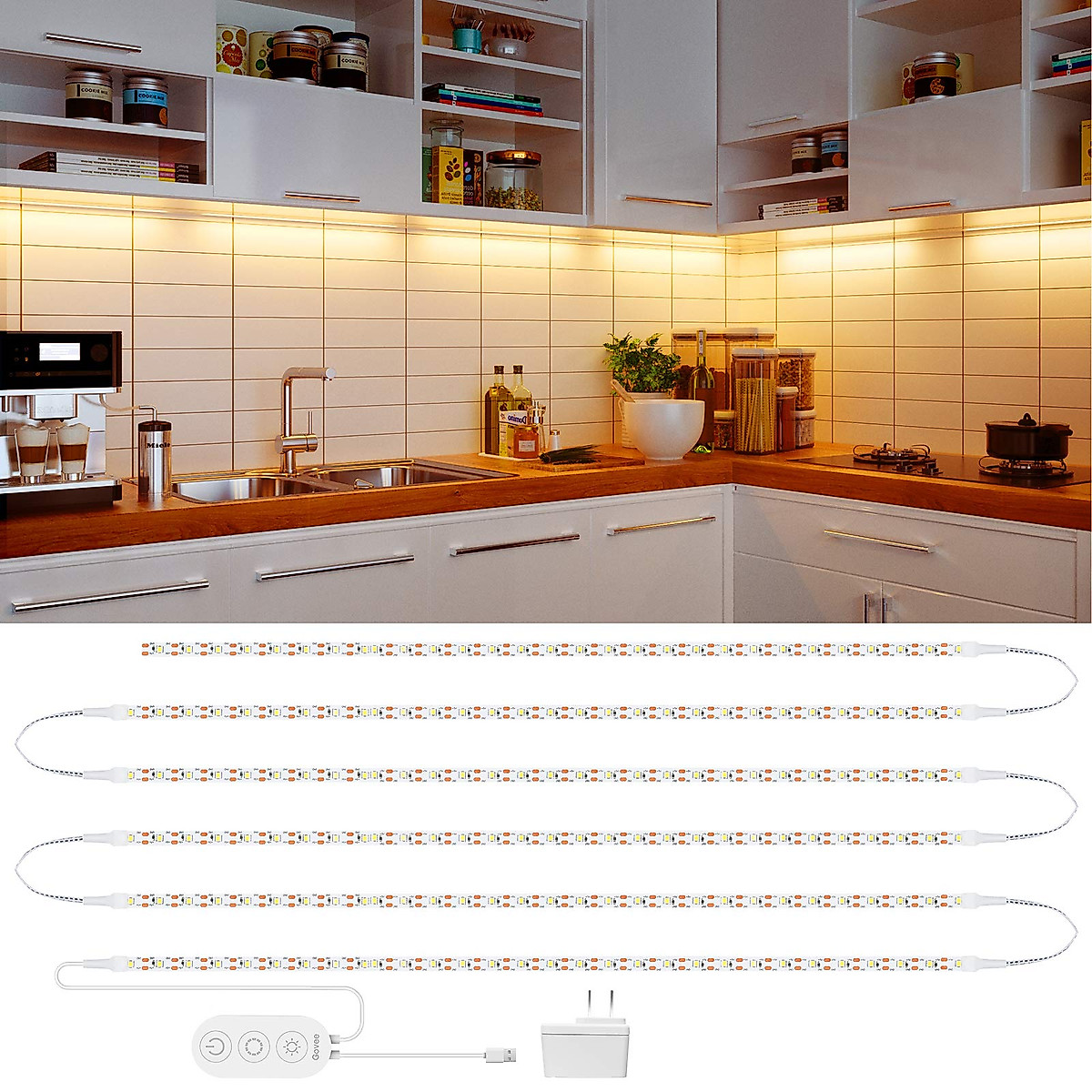 Govee Under Cabinet Lights, Motion Sensor LED Light Strip with Memory Function, 4pcs Adjustable Brightness and 3000K Warm White Closet Lights for Cabinet, Counter, Kitchen, Bedroom