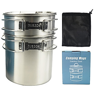 DZRZVD Camping Cups and Mugs Pot 2Pcs -304 Food Grade Stainless Steel - Outdoor Cookware Set with Vented Lid -33oz Big+24oz Small for Backpacking Picnic Hiking