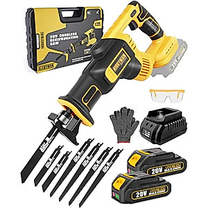 ALLOYMAN Reciprocating Saw, 20V Cordless Battery Power Saw, with 2 X 2.0Ah Batteries & Charger, 0-3000 SPM Variable Speed, Tool-Free Change, 6 PCS Blades for Wood Metal PVC Pipe Tree Cutting