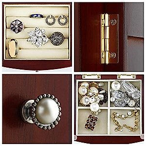 RR ROUND RICH DESIGN Jewelry Box - Made of Solid Wood with Tower Style 4 Drawers Organizer and 2 Separated Open Doors on 2 Sides and Large Mirror Brown
