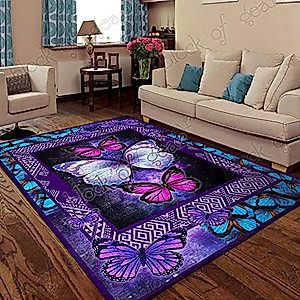 Area Rug-Beautiful Purple Butterfly Living Room Rug THH1250, 5' x 8' Fluffy Carpets for Bedroom Shaggy Floor Modern Rug Home Decor Mats