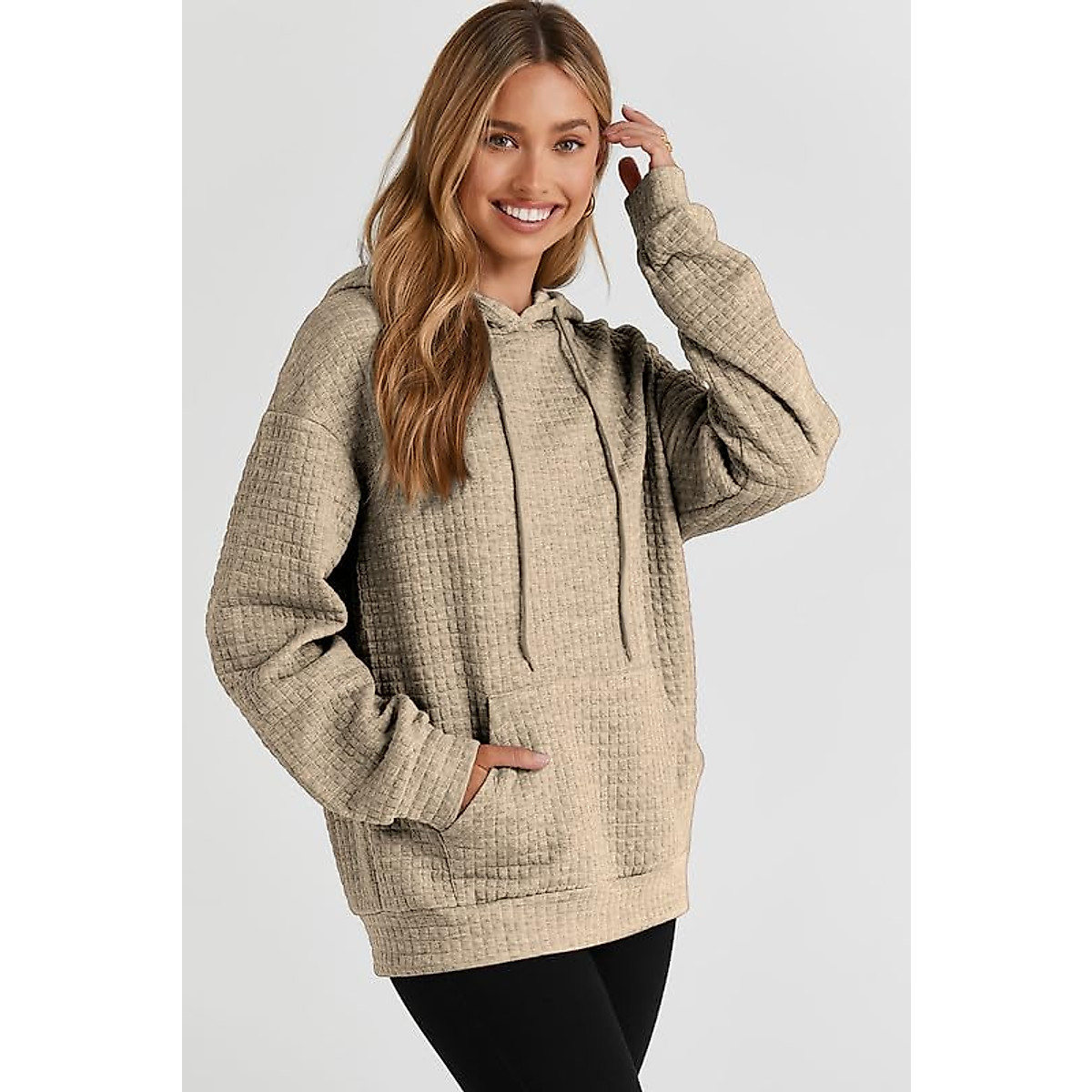 SHEWIN Womens Hoodies Casual Long Sleeve Drawstring Waffle Hoodie Pullover Sweatshirts Loose Hooded Sweatshirt for Women Trendy Fall Tops,US 4-6(S),Khaki