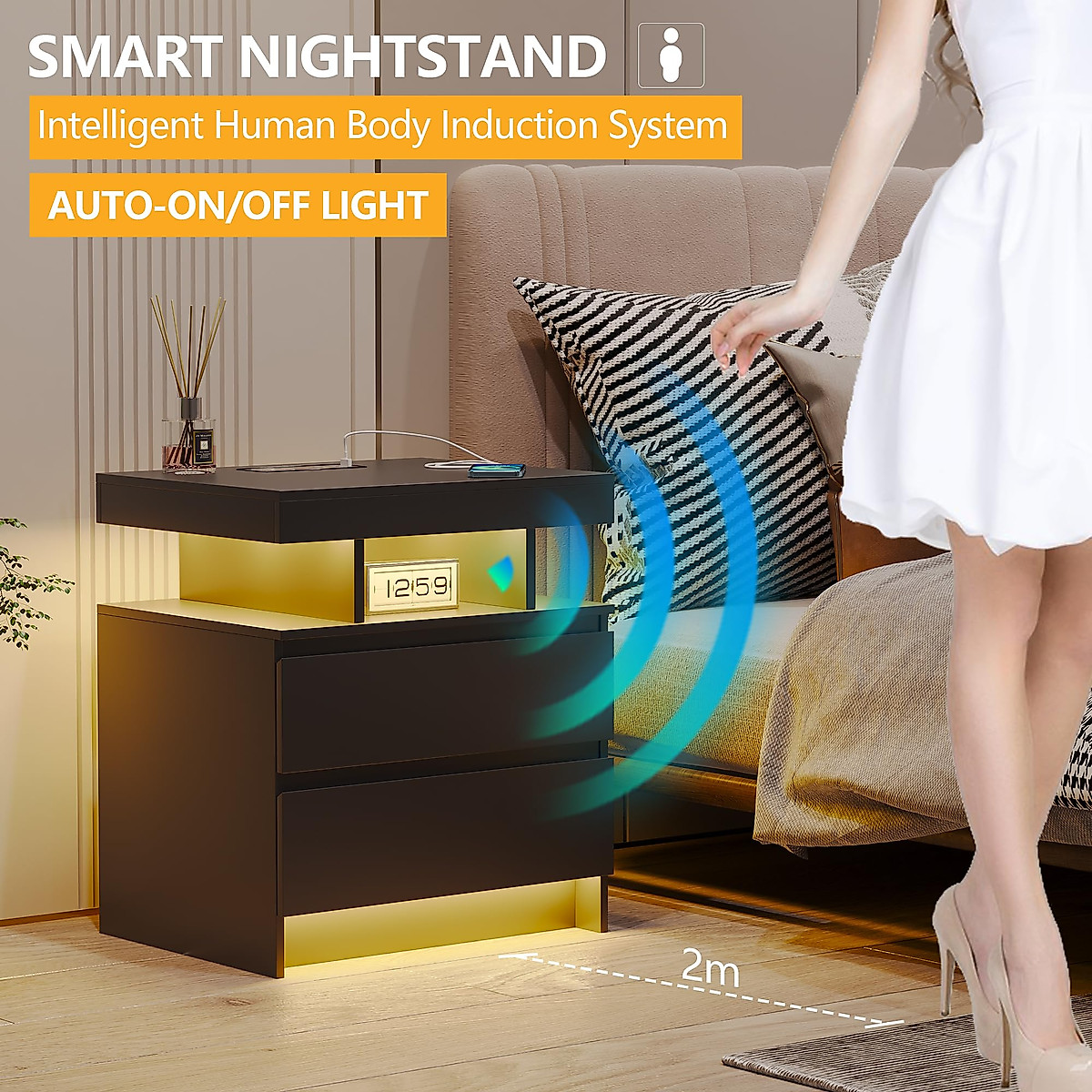 dnbss Nightstand with Wired/Wireless Charging Station, Auto LED Lighting Bedside Tables with Drawers, Night Stand with 3-Color Lights & Adjustable Brightness for Bedroom (Black)
