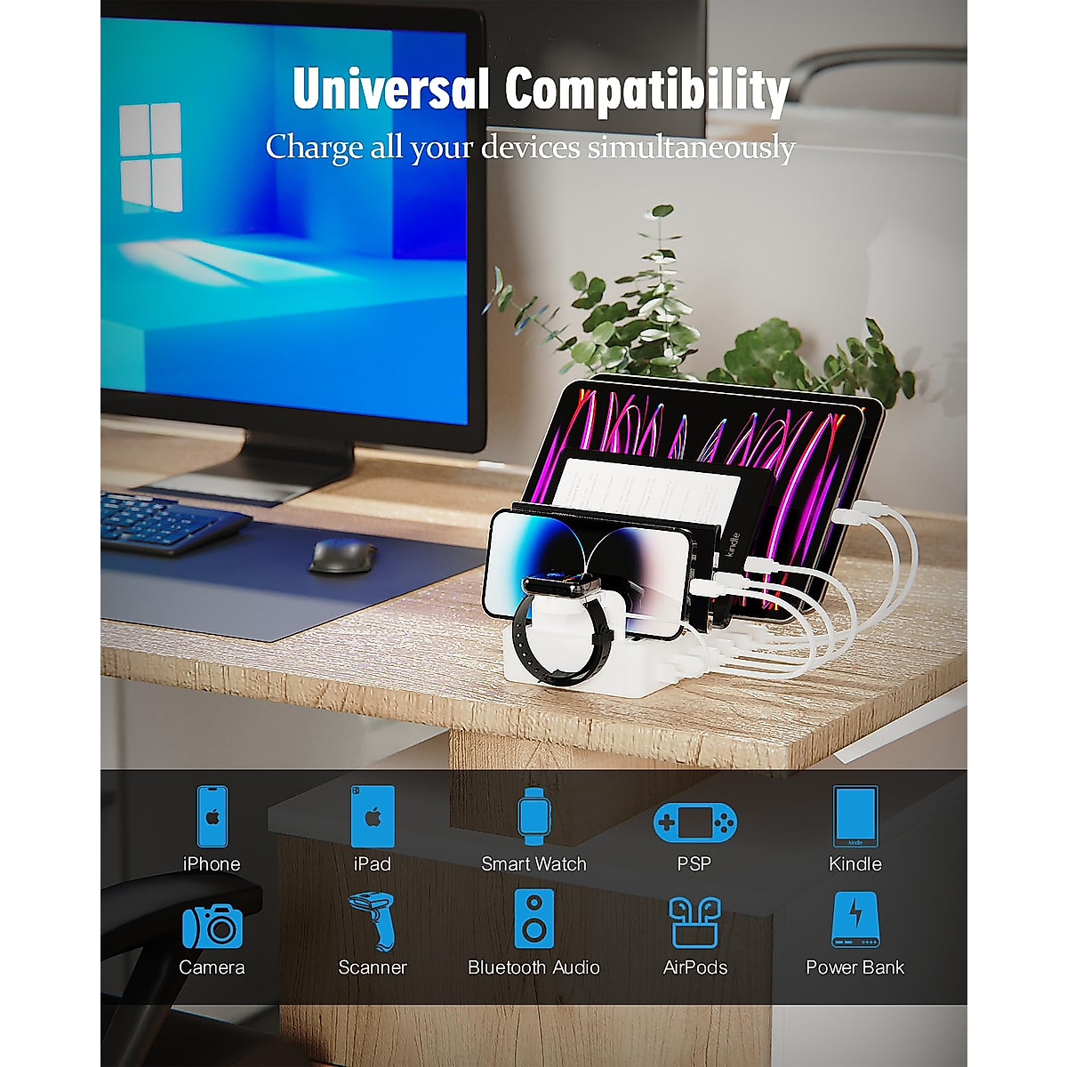 ₂₀₂₃𝘕𝘦𝘸 Charging Station Multiple Charger Station - 6-Port USB Fast Charging Dock 50W Organizer Station with Watch Charger for iPhone|Android Cell Phone|iPad|Kindle|Watch|Tablet