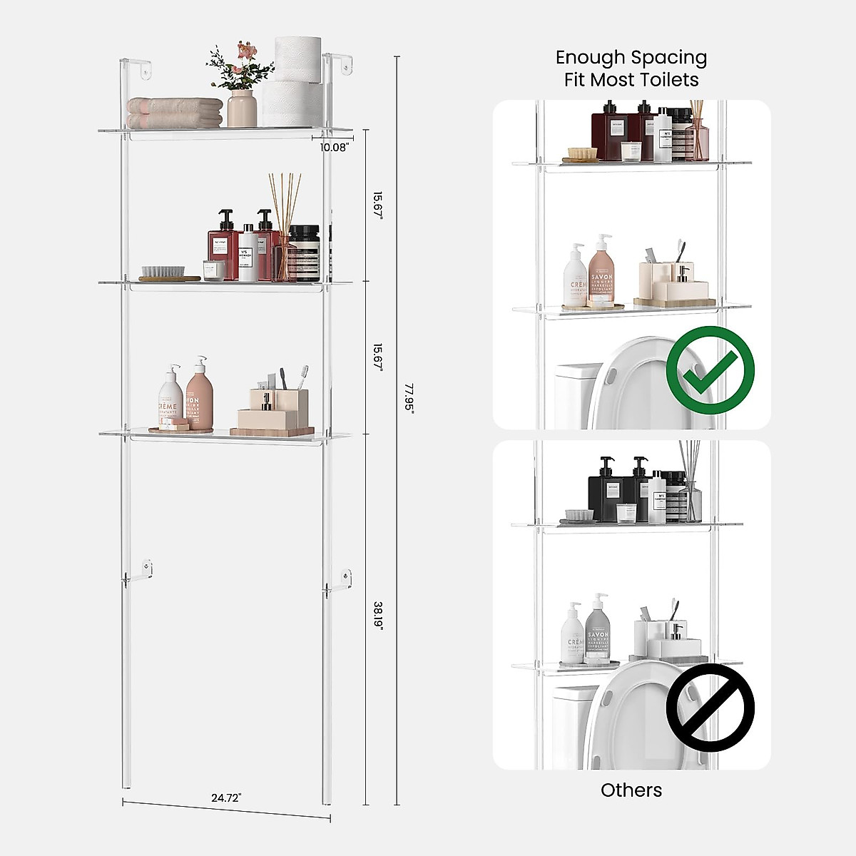 Sumerflos Acrylic Over The Toilet Storage Shelf - 3 Tier Clear Over-The-Toilet Bathroom Organizer Rack Above Toilet Shelves Standing for Bathroom Living Room Bedroom Modern