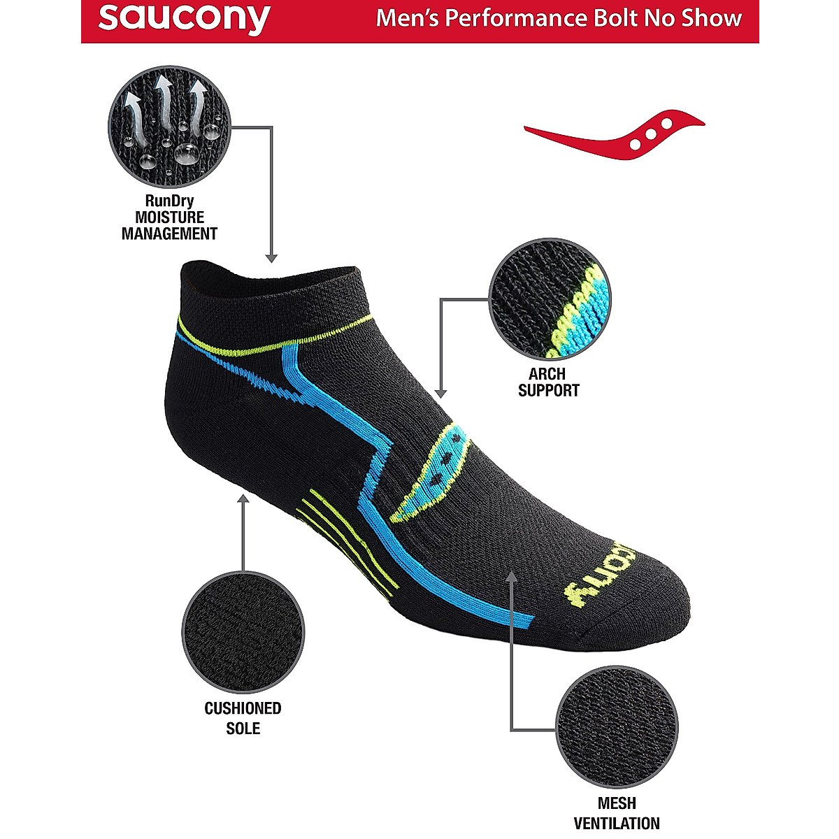 Saucony Men's Rundry Bolt Performance No-Show Socks, Available in M-XXL (6, 12, 18, Black (6 Pairs), XX-Large