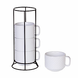 Buyajuju Porcelain Stackable Coffee Mugs Set of 4 with Metal Stand, 13 Ounce Stackable Different Embossment Coffee Cup holder for Coffee, Tea, Cocoa, Drinks, White