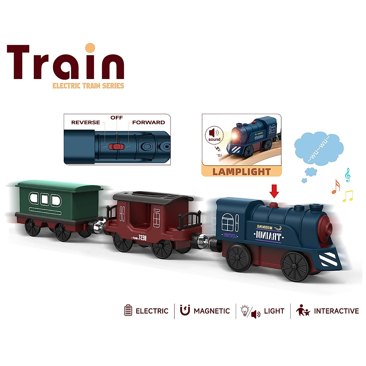 Battery Operated Train for Wooden Track, 3Pcs Train Toy Set for 3 4 5+Years old Boy Girl Toddlers, Motorized Train Accessories Electric Train Compatible with Thomas & Friends, Brio and Chuggington