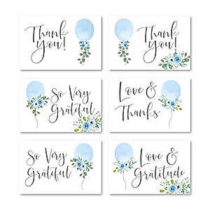 24 Blue Balloon Baby Shower Thank You Cards With Envelopes, Kids Thank-You Note, 4x6 Gratitude Card Gift For Guest Pack For Party, Birthday, For Girl Children, Cute Watercolor Garden Event Stationery