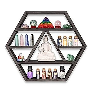 Venture Decor Crystal Display Shelf, Handmade Pine Wood Hexagon Shaped Shelves for Crystals, Stones and Essential Oils, Unique Crystal Shelf Display, Wiccan Decor, Gothic Decor, Meditation Decor-Black