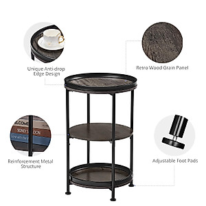 Dulcii Side Table, Round End Table with 3 Shelves for Living Room, Bedroom, Nightstand with Steel Frame for Small Spaces, Industrial Round Sofa Table, Outdoor Accent Coffee Table, Grey