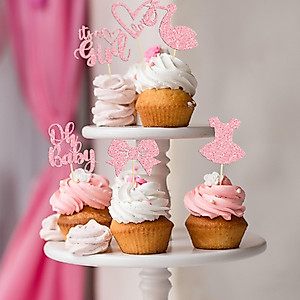 Gyufise 36 Pack Oh Baby Cupcake Toppers It's a Girl Cupcake Toppers with Bow Dress Love Heart Pink Glitter Cake Picks Decorations for Baby Shower Girl Birthday Party Supplies