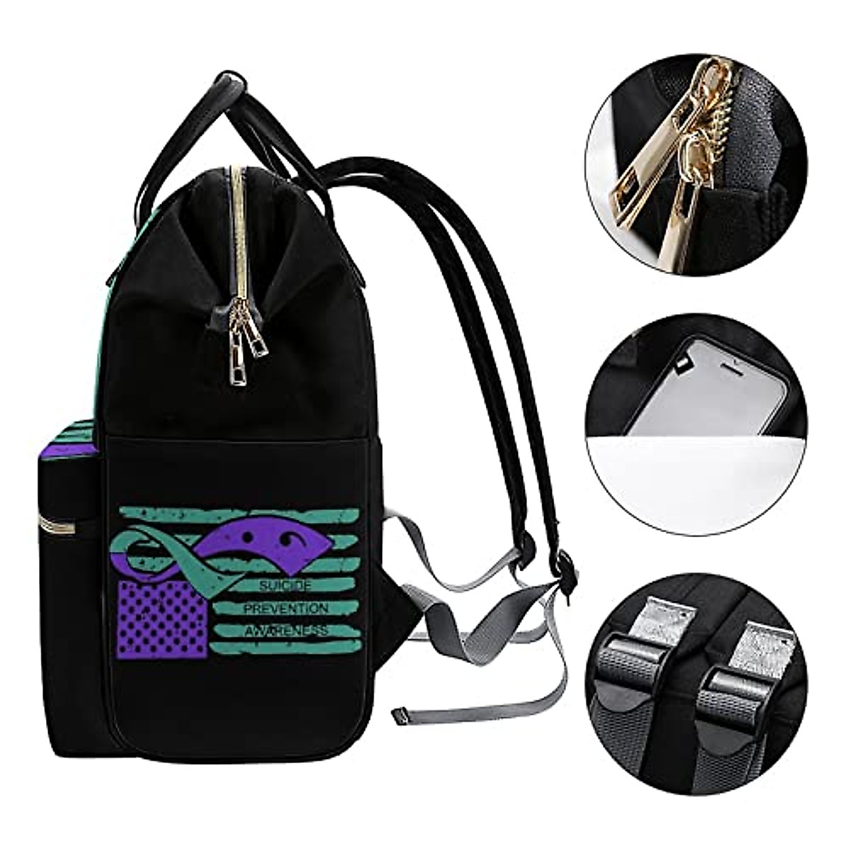 Suicide Prevention Awareness Flag Waterproof Mommy Backpack Shoulder Bag Stylish Nappy Daypack For Travel Shopping black-style
