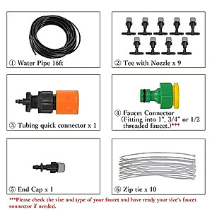 Drip Irrigation System Kit with 16ft Dripping Hose, 1/2, 3/4,1 inch Faucet Connections, 9 Sprinkler Heads, Japard Automatic Watering System for Small Garden, Plant