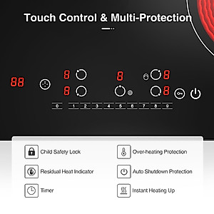 VBGK Electric cooktop 30 inch, 5 burner Electric Stove Built-in and Countertop Electric Stove Top, LED Touch Screen,9 Heating Level, Timer & Kid Safety Lock, 240V 30 inch Electric cooktop