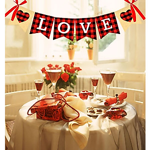 Gukuu&co Valentine's Day Decoration Buffalo Plaid Burlap Banner Red Love Signs for Wedding Anniversary Valentine's Decor