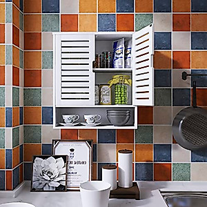 SMIBUY Bathroom Cabinet Wall Mounted, Bamboo Over-The-Toilet Storage Organizer, Space Saver Medicine Cabinet with 2 Door and Adjustable Shelves (White)