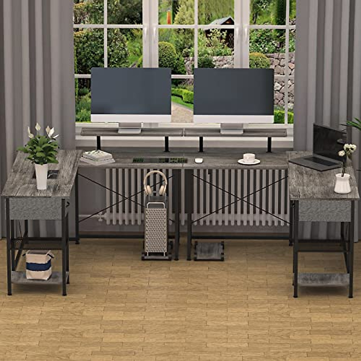 PONROL L Shaped Computer Desk with Storage Drawer Shelves and Monitor Stand, Modern Reversible Corner Gaming Table Sturdy Writing Workstation for Home Office