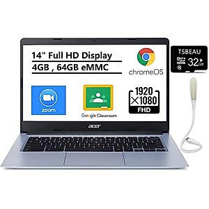 acer Chromebook 314 Laptop, 14" FHD NonTouch Display, Intel Celeron N4000, Intel UHD Graphics 600, 4GB Memory, 64GB eMMC, Chrome OS, Gigabit WiFi, Bundled with TSBEAU 32GB Micro SD Card +Led Light