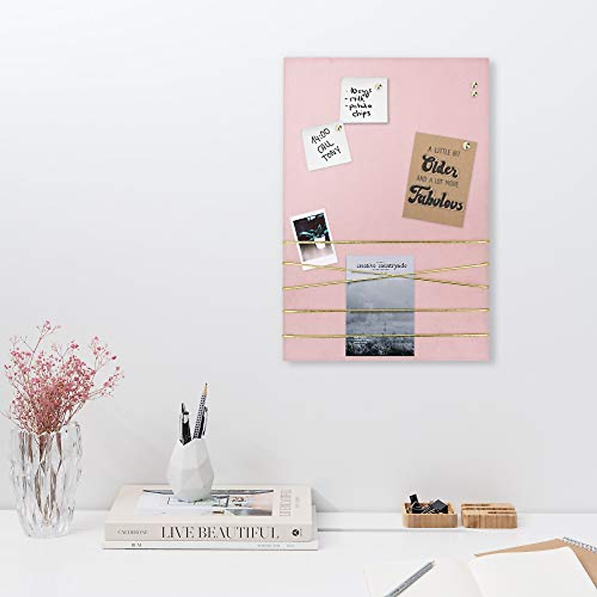 Navaris Fabric Memo Bulletin Board - 20" x 28" Velvet Memory Board for Wall to Display Photo Collages, Pictures, Notes - Includes 6 Push Pins - Pink