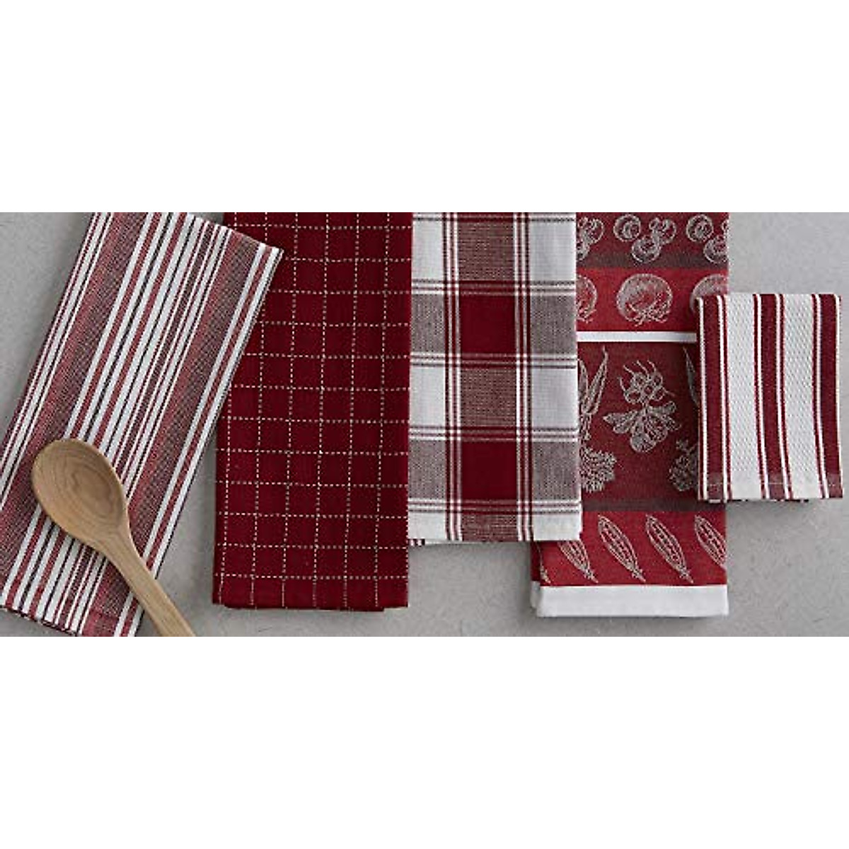 DII Assorted Pattern, Kitchen Collection, Dishtowels & Dishcloth, Garnet, 5 Piece