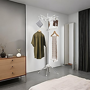 RudyHousee Clothes Drying Rack, 72 Inch Tripod Laundry Drying Rack 2 Tier, Folding Steamer Stand, Garment Rack for Hangers, for Saving Sapce, Clothes Storage, Metal Frame, Indoor Outdoor, White