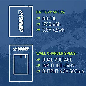 Wasabi Power NB-13L Battery (2-Pack) and Charger for Canon PowerShot G1 X Mark III, G5 X, G5 X Mark II, G7 X, G7 X Mark II, G7 X Mark III, G9 X, G9 X Mark II, SX620 HS, SX720 HS, SX730 HS, SX740 HS