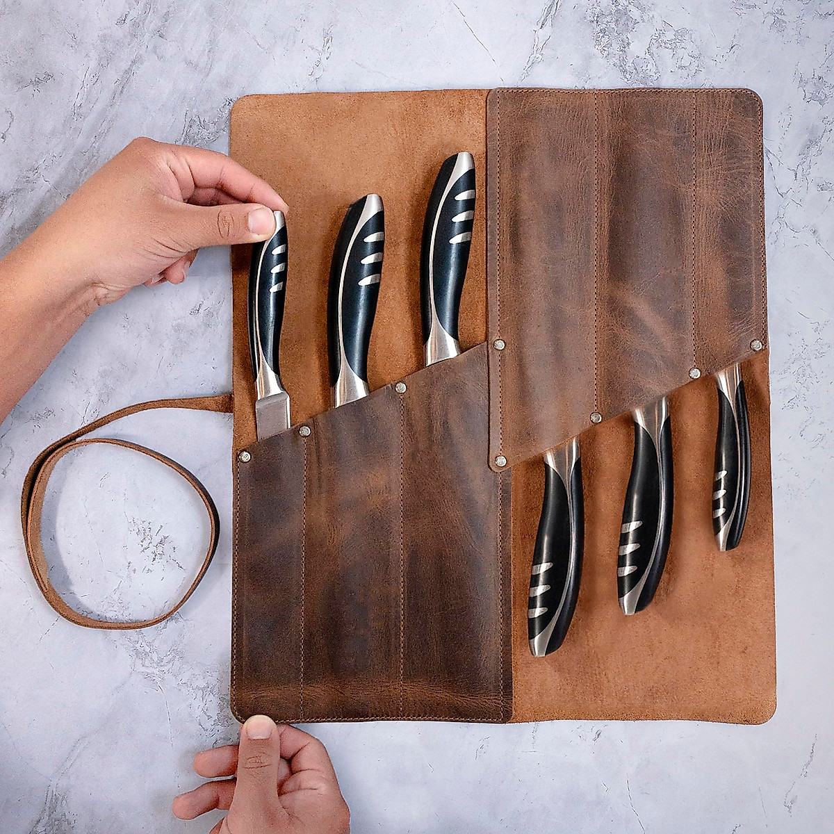 Cast Leather Co., Rectangular Knife Roll with 6 Slots, Portable Knife Organizer Case, Travel Bag, Cooking Accessory, Full Grain Leather, Handmade, Bourbon Brown