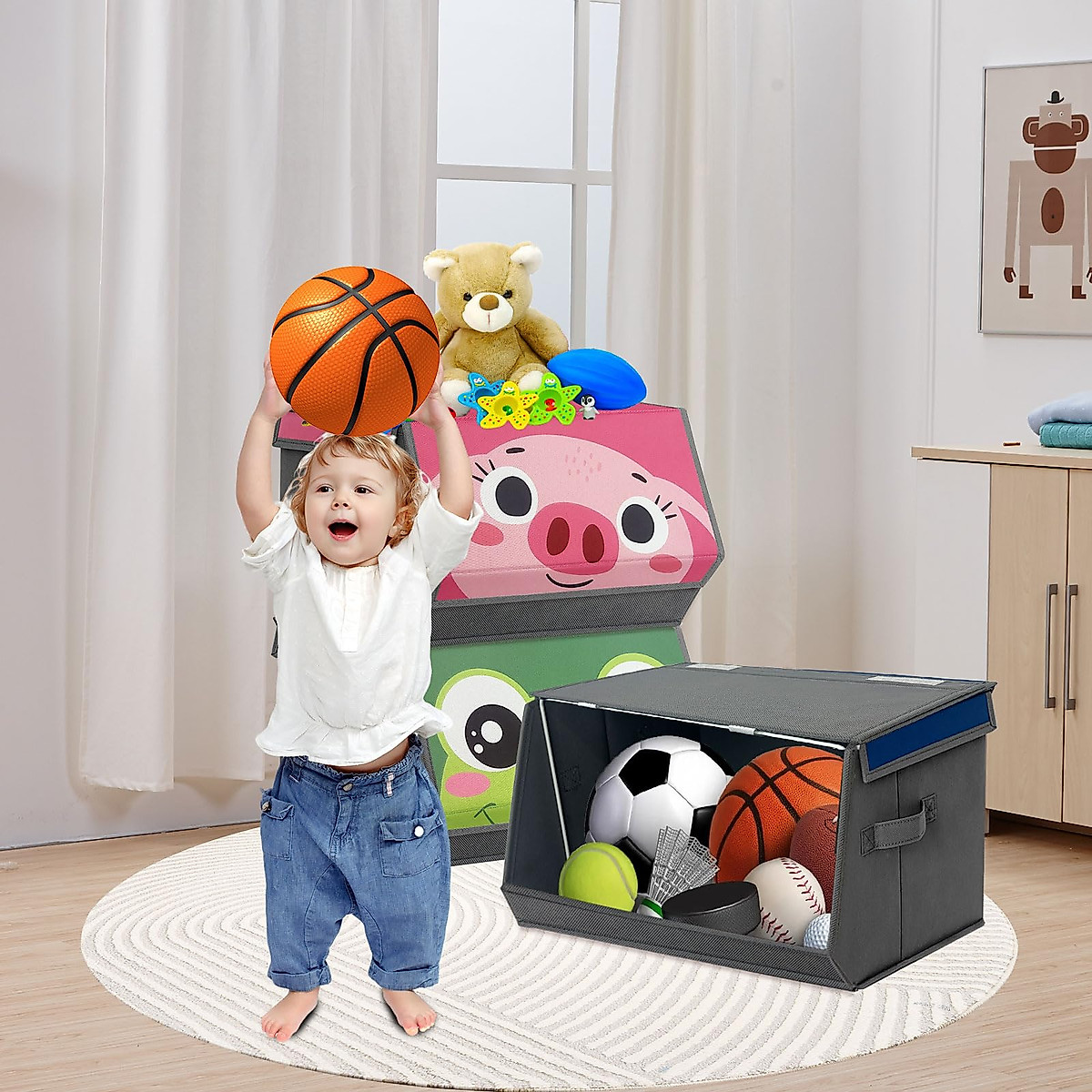 VERONLY 3 Pack Stackable Storage Bins for Boys and Girls, Kids Storage Drawers Boxes with Lids, Foldable Closet Organizers with Velcro for Bedroom, Playroom, Kindergarten, Nursery(Pink, Green, Blue)