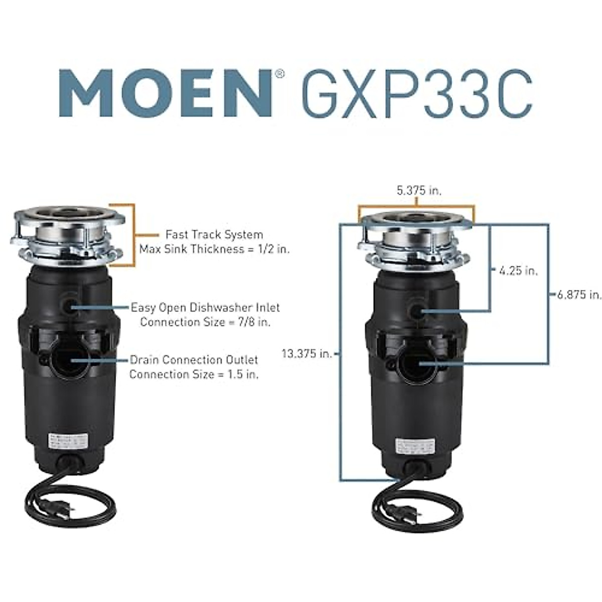 Moen GXP33C Lite Series PRO 1/3 HP Compact Continuous Feed Garbage Disposal for Kitchen Sink, Power Cord Included
