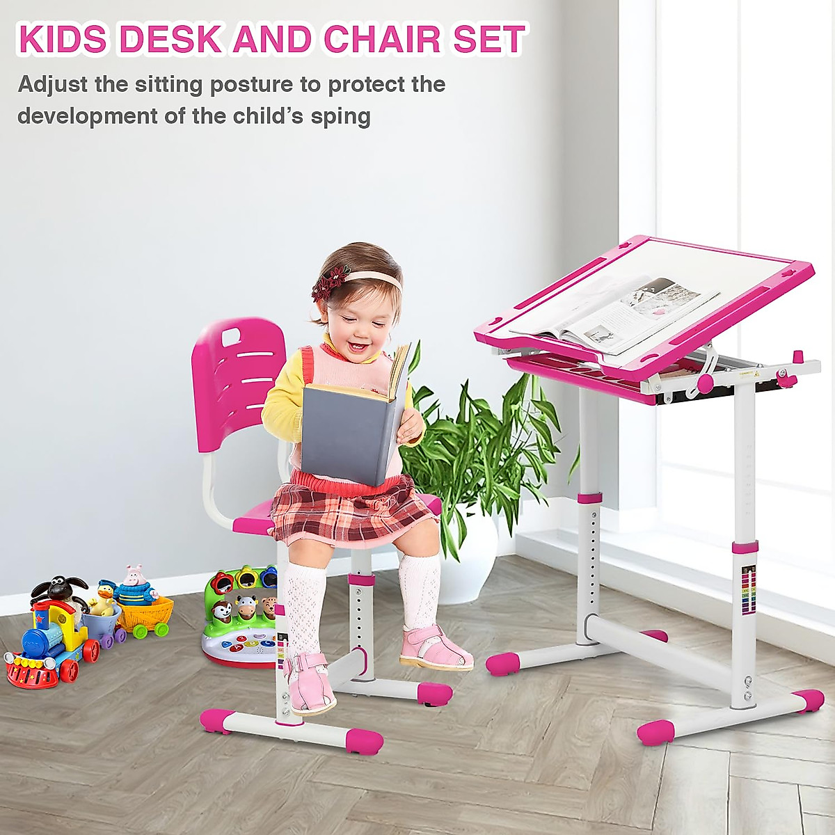 Ruesleag Kids Desk Chair Set,Children’s Study Desk Multi-Func Height Adjustable Desk and Chair School Writing Computer Table w/Pull Out Drawer Storage 45°Tilted Desktop for School Home Boys&Girls,Pink