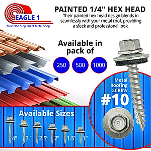 EAGLE 1 Metal Roofing Screws #10 - Painted Hex Head Self-Tapping Screws with EDPM Rubber Washer for Metal to Wood, Vinyl, Small Sheet Metal - Free Magnetic Driver (Zinc, 2 Inch, 500)
