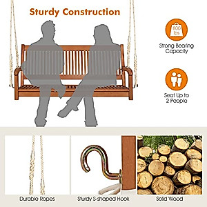 Happygrill Hanging Porch Swing 2-Seat Wooden Swing Bench with Cushion and Hanging Ropes, Outdoor Patio Swing for Garden and Backyard